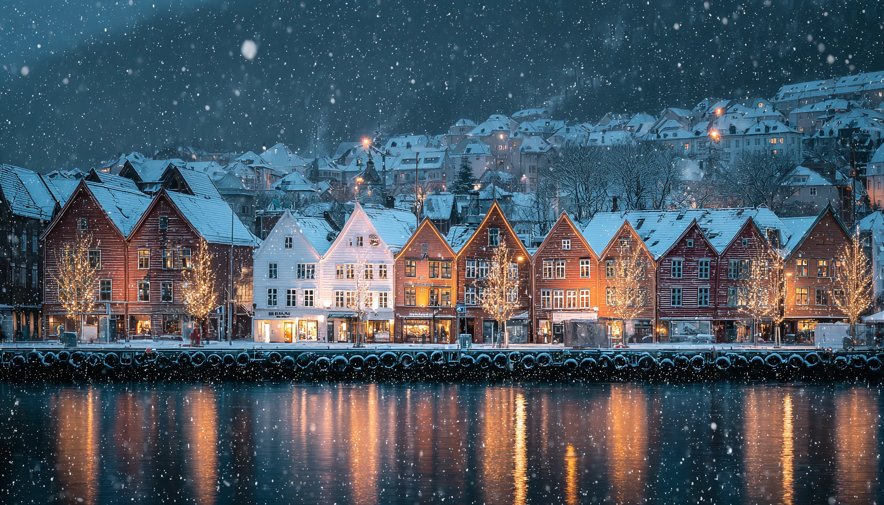 Snowy Waterfront Houses Glowing in a Winter Night by WallpaperScapes ...